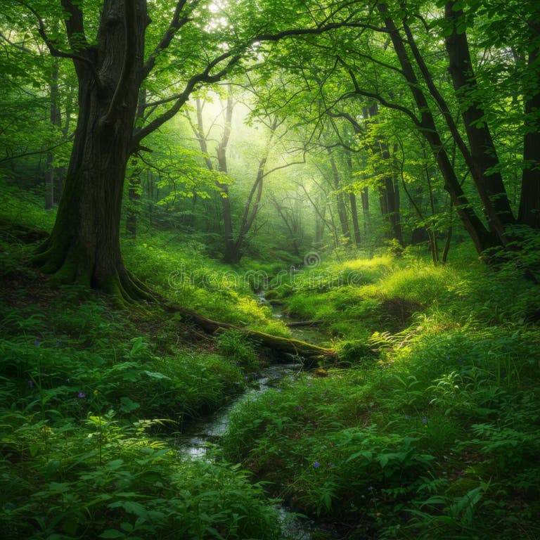 Sunlit Forest Path with Lush Green Vegetation and a Small Stream Stock ...