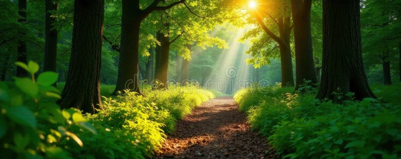 Sunlit Forest Path, Lush Greenery, Dappled Light, Wild, Untamed Stock ...