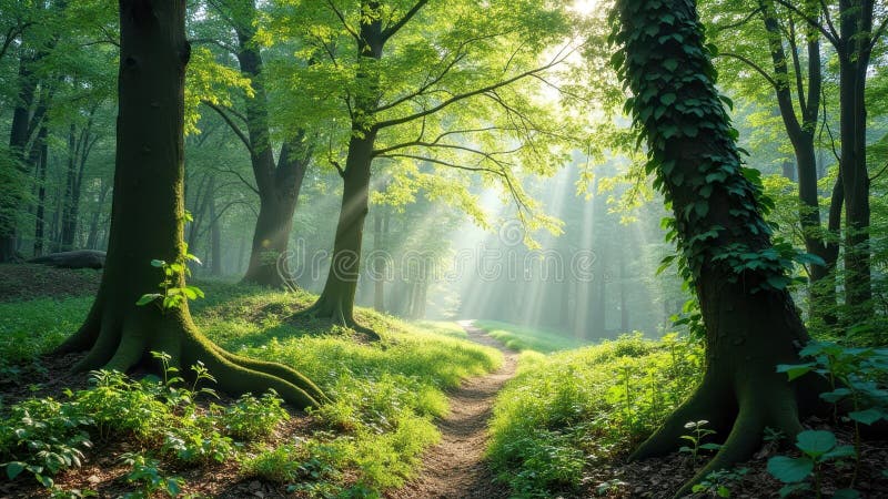 Sunlit Forest Path with Lush Greenery and Tall Trees in Serene Woodland ...