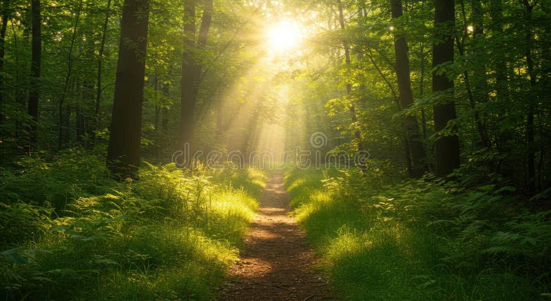 Sunlit Forest Path with Lush Greenery and Tranquil Morning Light Stock ...