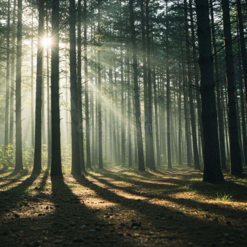 Sunlit Forest Path Green Trees Misty Morning Atmosphere Stock Photos ...