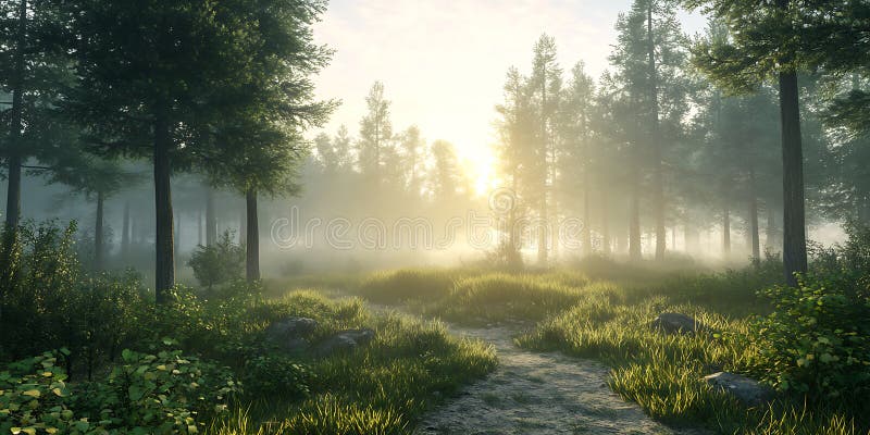 Sunlit Forest Path: Misty Morning in the Woods Stock Illustration - Illustration of sunset ...