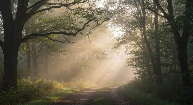 Sunlit Forest Path in Morning Mist Stock Photo - Image of outdoor ...
