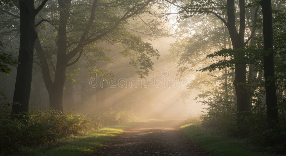 Sunlit Forest Path with Morning Mist Stock Image - Image of forest ...