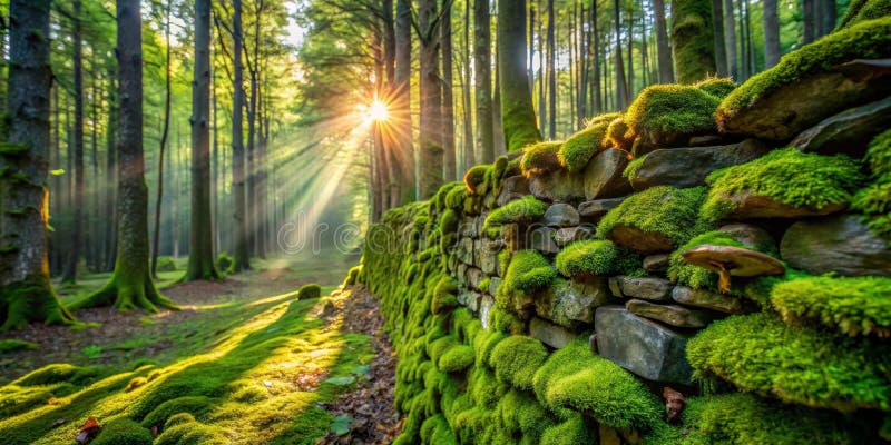 Sunlit Forest Path beside a Mossy Stone Wall. Generative AI Stock ...