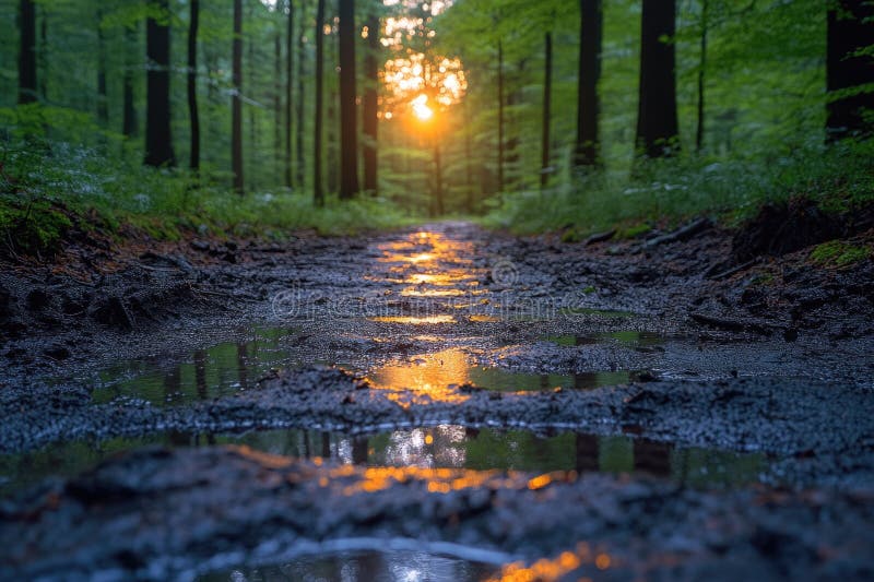 Sunlit Forest Path: Muddy Trail with Reflecting Puddles and Dappled Li ...