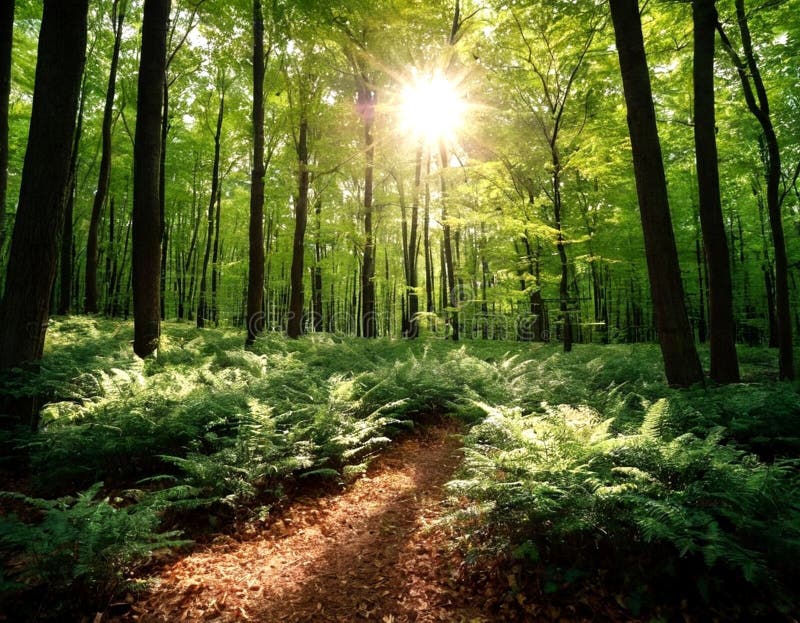 Sunlit Forest Path a Narrow Path Weaves through a Lush Fores Stock ...