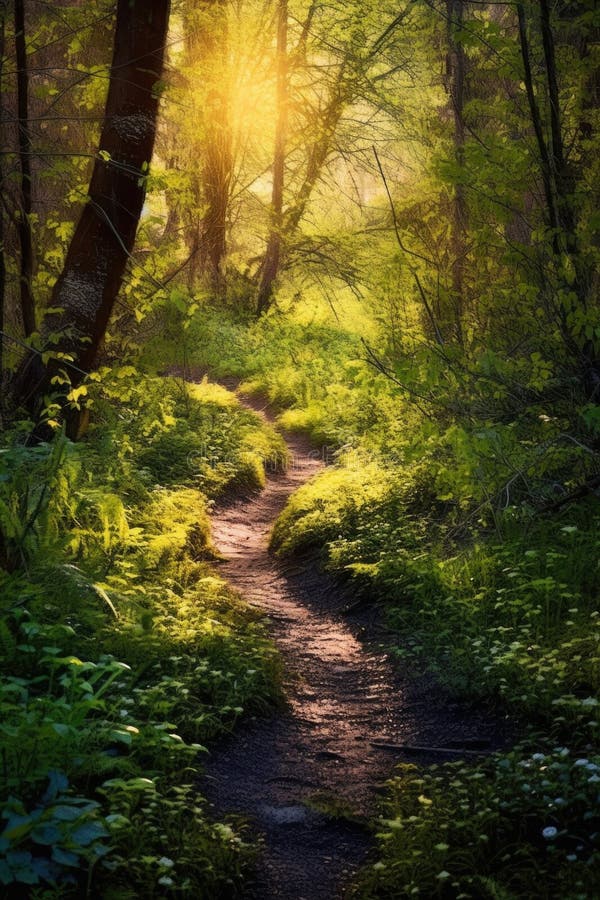 Sunlit Forest Path with New Growth Stock Illustration - Illustration of ...