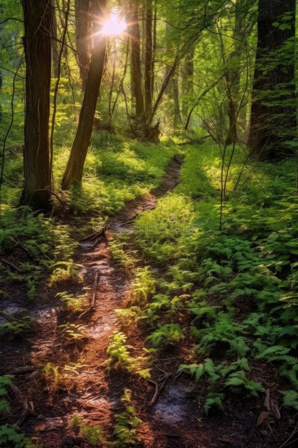 Sunlit Forest Path with New Growth Stock Illustration - Illustration of ...