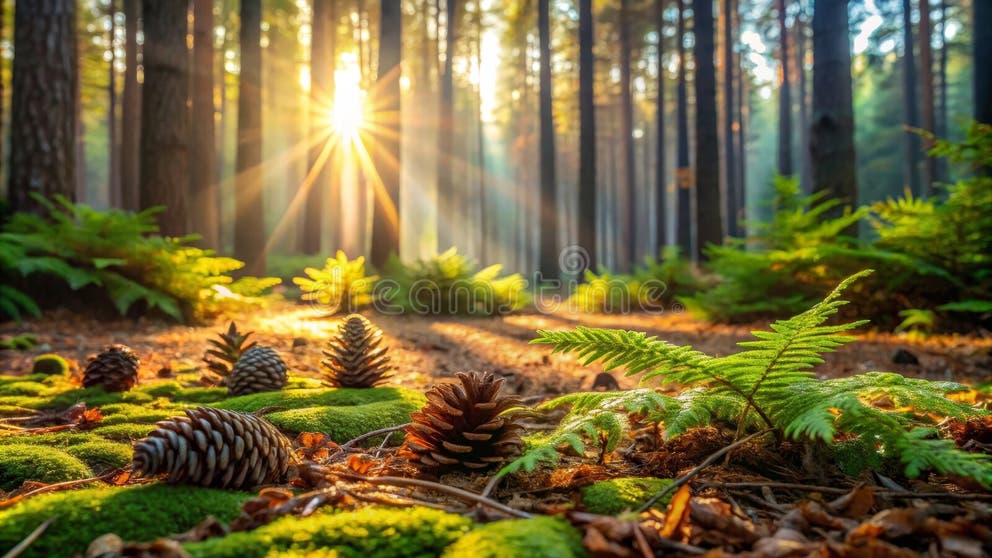 Sunlit Forest Path with Pine Cones and Ferns. Generative AI Stock ...