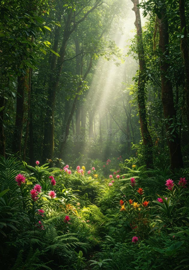 Sunlit Forest Path with Pink Flowers Stock Illustration - Illustration ...