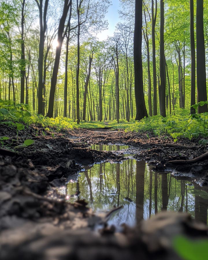 Sunlit Forest Path Puddle Reflection Spring Trees Wet Mud Sky Calm Lush ...