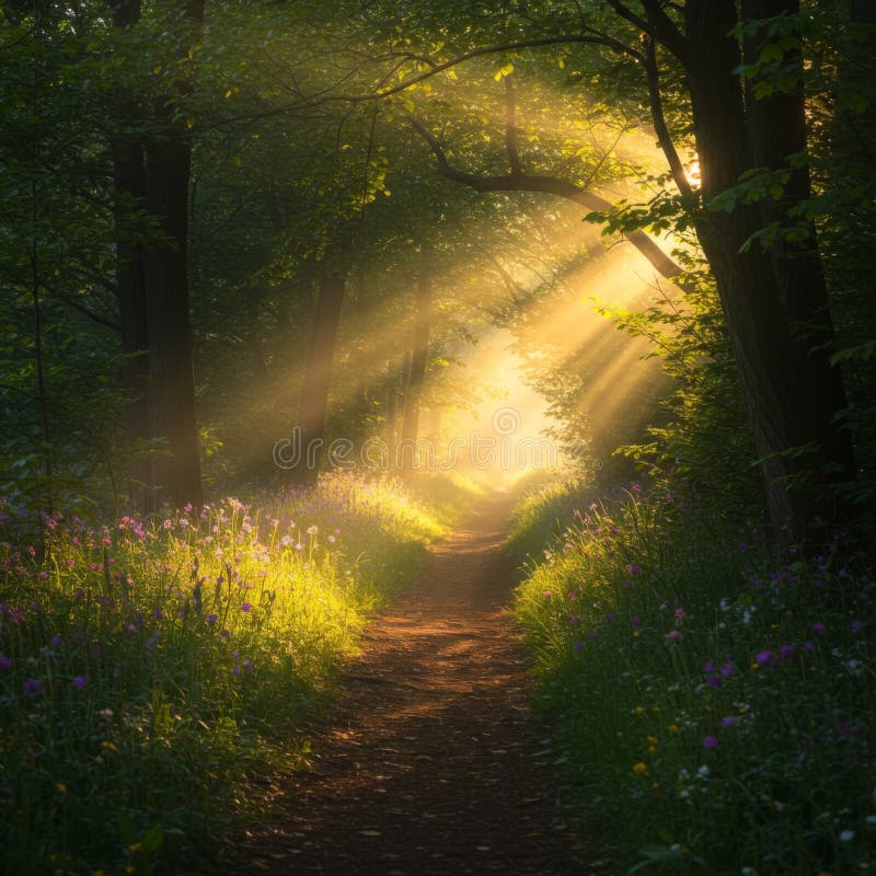 Sunlit Forest Path with Purple Flowers Stock Illustration ...