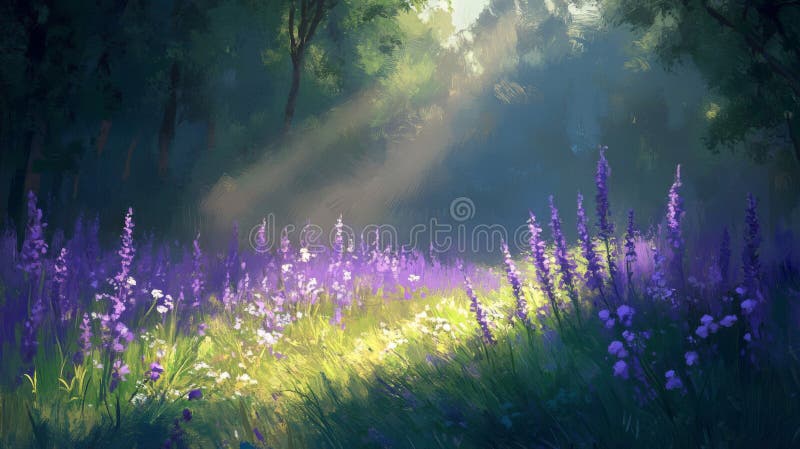 Sunlit Forest Path with Purple Flowers and Rays of Light Stock ...
