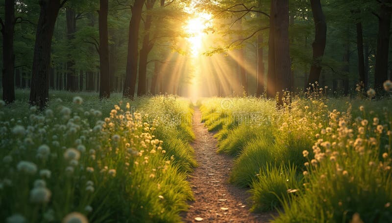 Sunlit Forest Path with Rich Green Grass, Trees. Sun Rays through Trees ...
