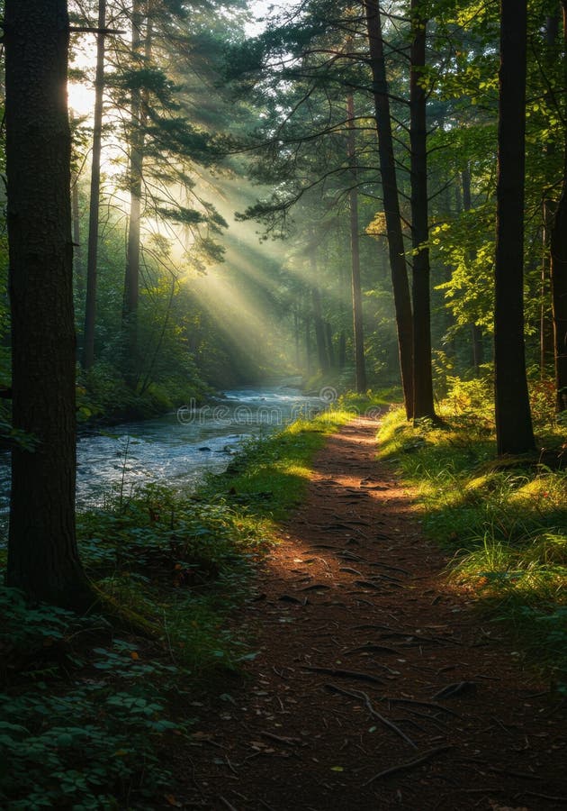 Sunlit Forest Path beside a River Stock Image - Image of summer ...