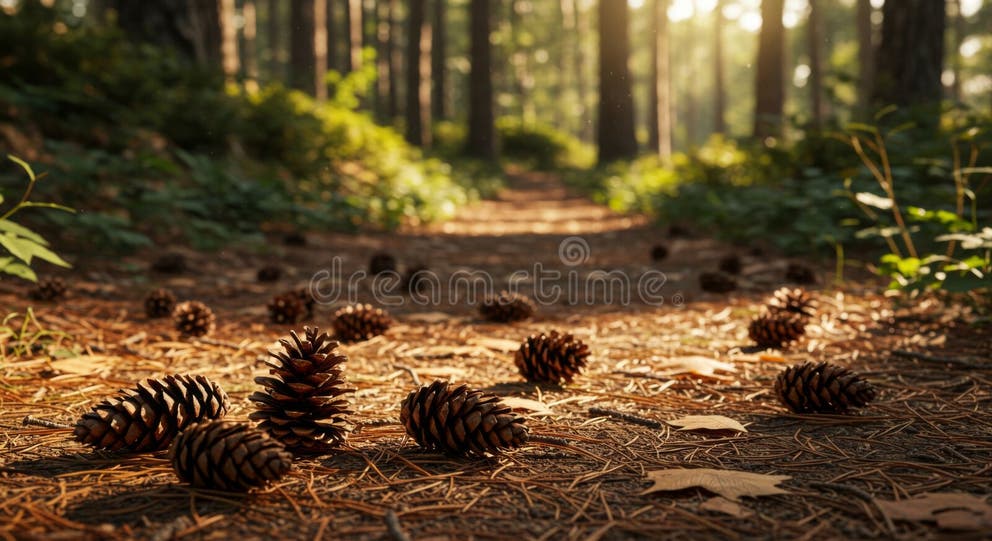 Sunlit Forest Path Scattered with Pine Cones Stock Image - Image of ...