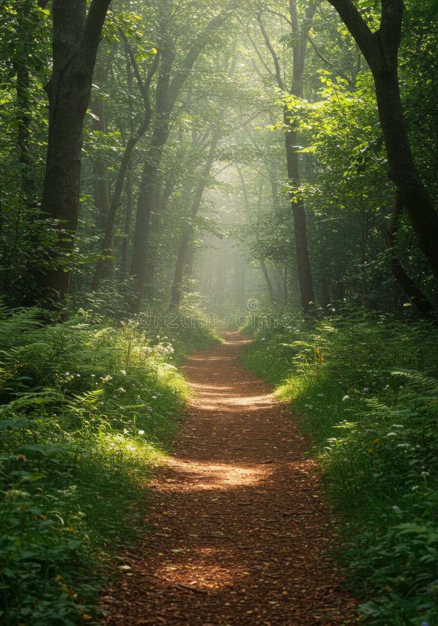 Sunlit Forest Path: a Serene Nature Trail Stock Illustration - Illustration of nature, sunlight ...