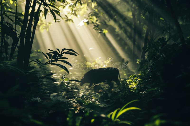 Sunlit Forest Path with Silhouetted Creature Amidst Lush Greenery and ...
