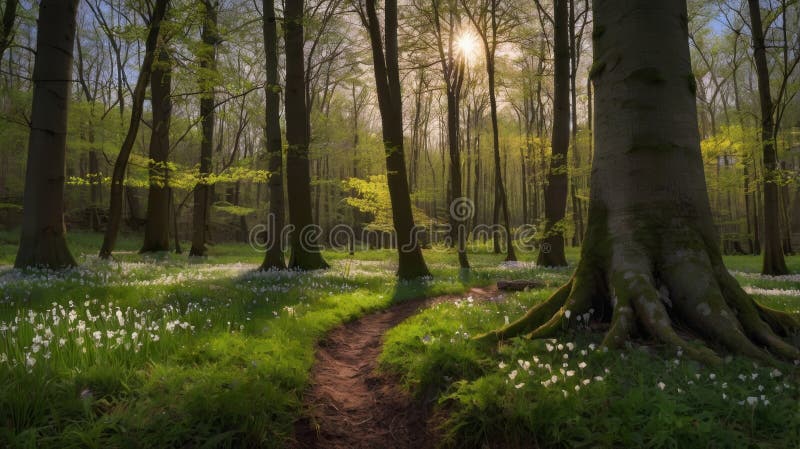 Sunlit Forest Path: Spring S Gentle Awakening Stock Photo - Image of ...