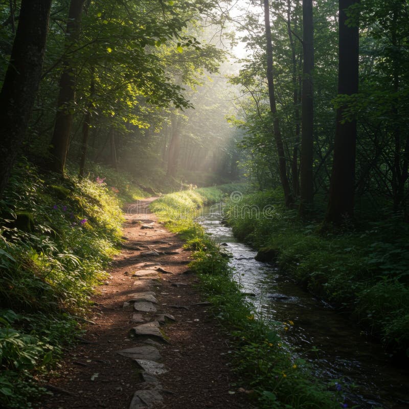 Sunlit Forest Path beside a Stream Stock Illustration - Illustration of ...