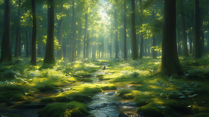 A Sunlit Forest Path with a Stream Running through it, Surrounded by ...