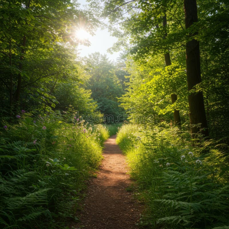 Sunlit Forest Path: a Summer Woodland Trail Stock Illustration ...