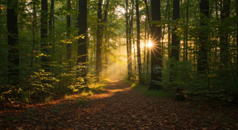 Sunlit Forest Path at Sunrise Stock Illustration - Illustration of ...