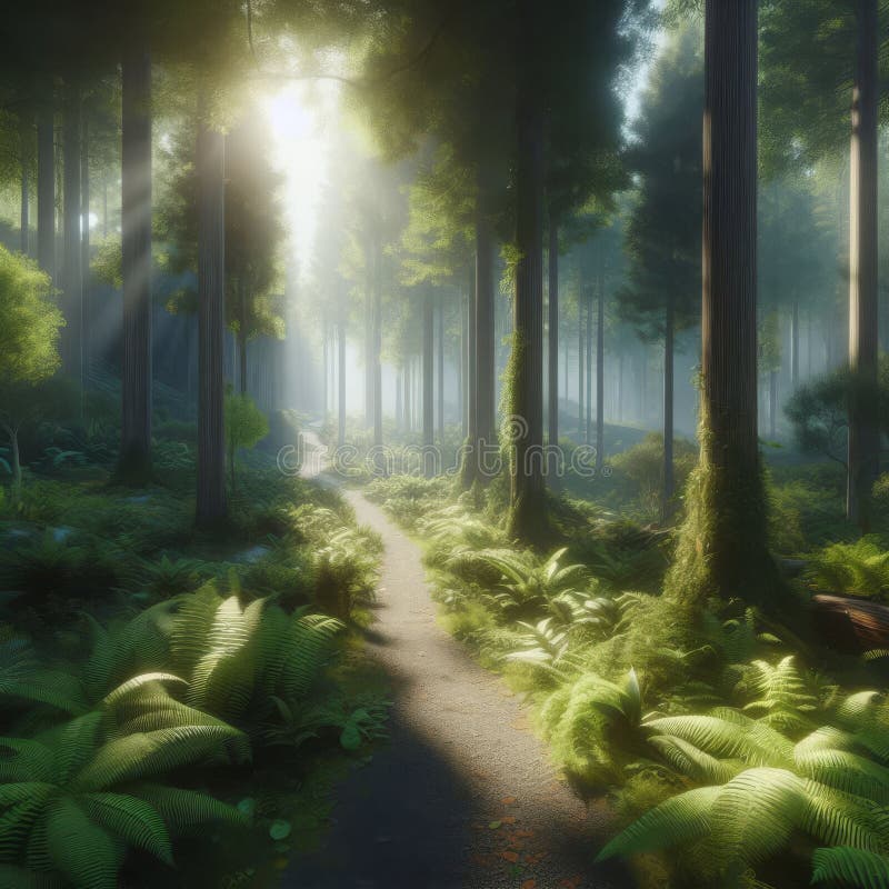 Sunlit Forest Path Surrounded by Lush Greenery Stock Photo - Image of ...