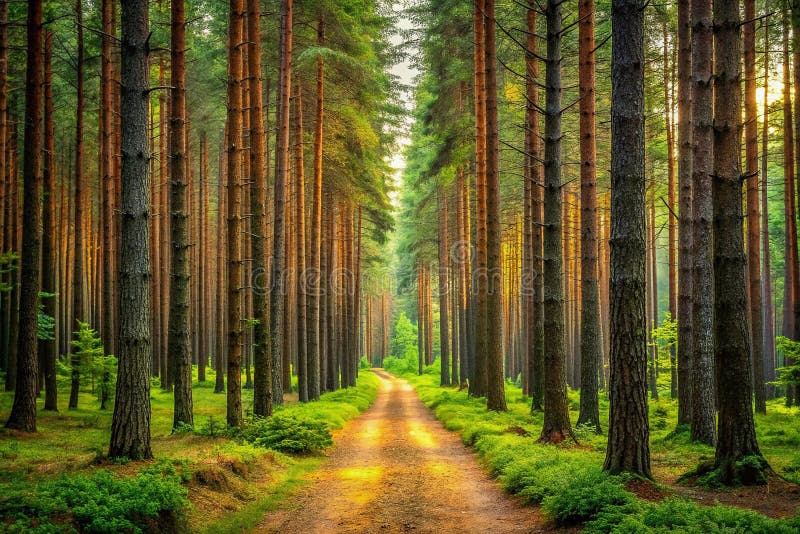 Sunlit Forest Path through Tall Pines Stock Illustration - Illustration ...