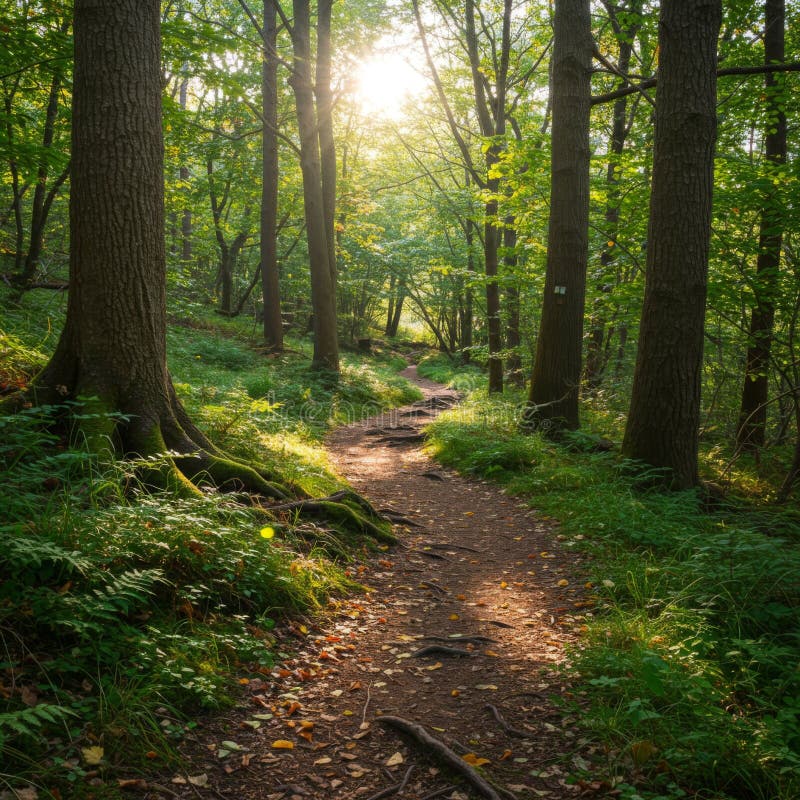 Sunlit Forest Path: a Tranquil Woodland Trail Stock Illustration ...