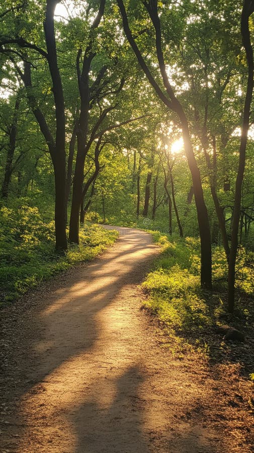 Sunlit Forest Path with Trees and Green Foliage at Sunset, Serene ...
