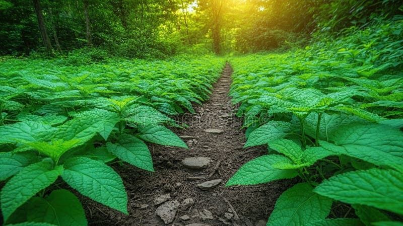 Sunlit Forest Path through Vibrant Green Plants Stock Illustration ...