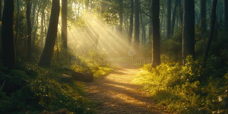 Sunlit Forest Path stock photo. Image of sunlight, light - 386077512
