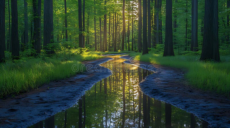 Sunlit Forest Path, Water Reflection, Spring, Green Trees, Dawn Stock ...