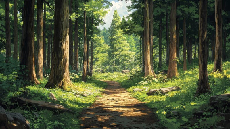 Sunlit Forest Path Winding through Tall Trees Stock Illustration ...
