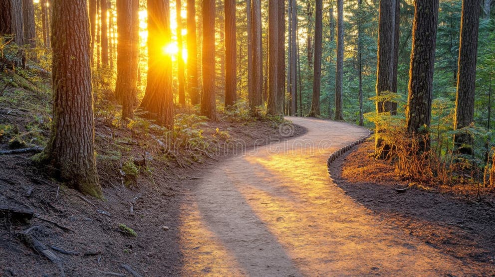 Sunlit Forest Path Winding through Tall Trees Stock Photo - Image of ...