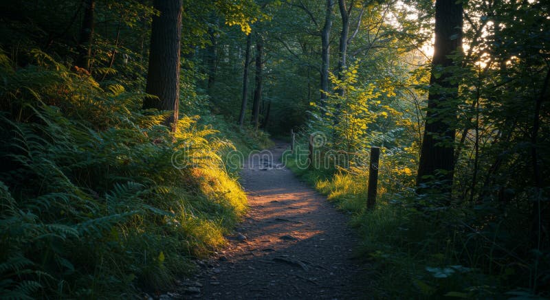 Sunlit Forest Path: a Winding Trail through Lush Green Woods Stock ...