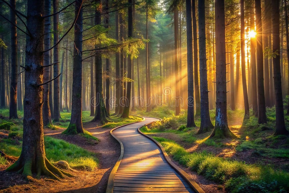 Sunlit Forest Path Winding through Trees Stock Illustration ...