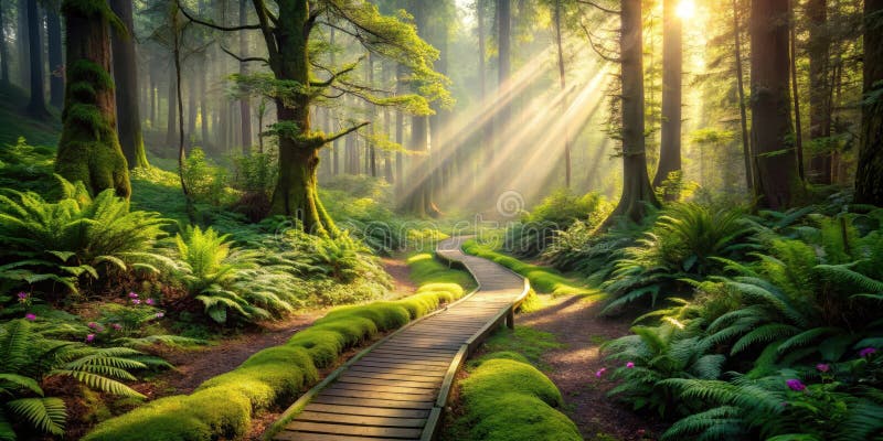 Sunlit Forest Path with Wooden Walkway and Lush Greenery. Generative AI ...