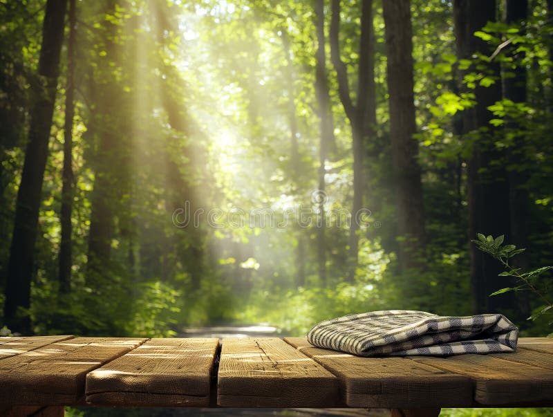 Sunlit Forest Picnic Table with Checkered Cloth Stock Image - Image of ...