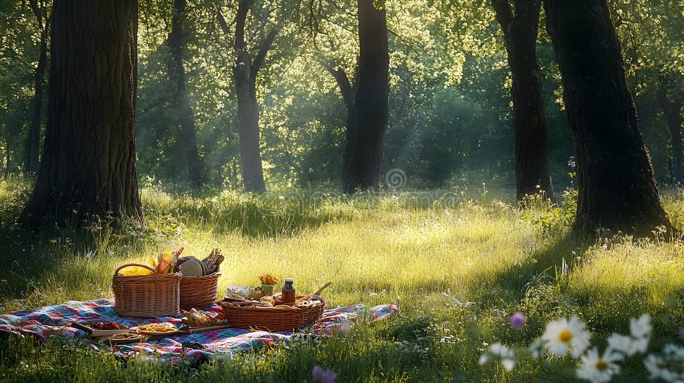 Sunlit Forest Picnic with Wicker Baskets and Blanket in Tranquil Meadow ...