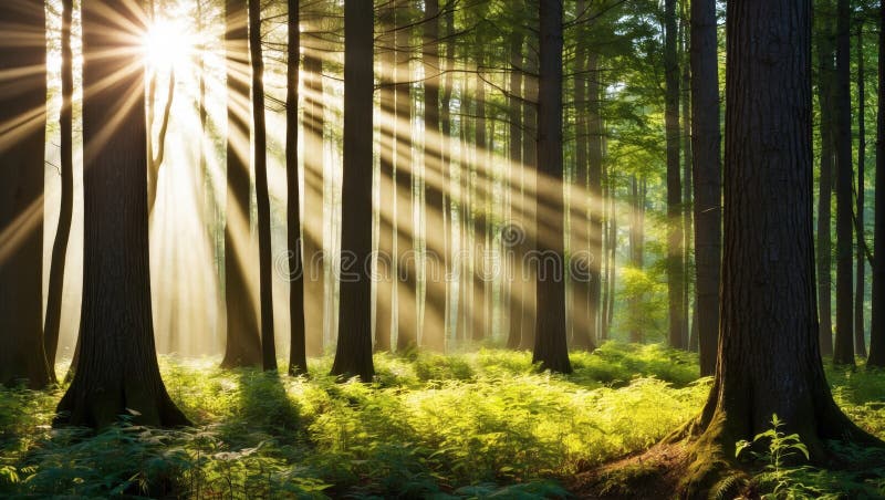 Sunlit Forest with Rays of Light through Trees Stock Illustration ...