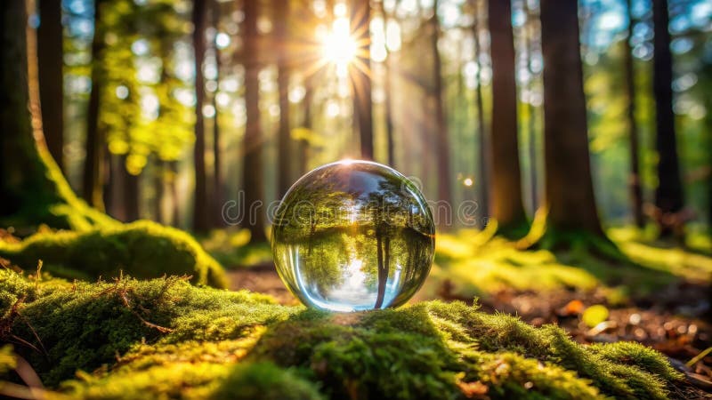 Sunlit Forest Reflected in a Crystal Sphere on Mossy Ground. Generative ...