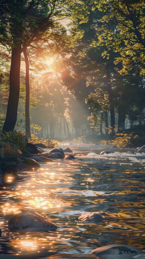 Sunlit Forest River with Rocks and Trees, Serene Nature Scene. Tranquil ...