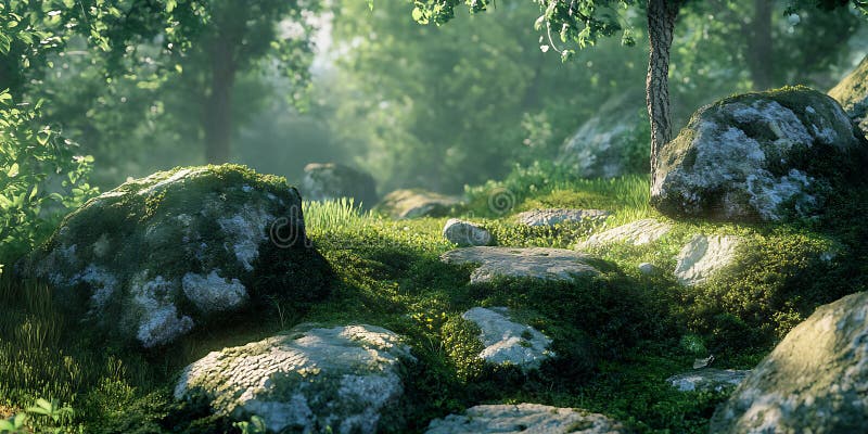 Sunlit Forest Rocks Lush Green Nature Background Stock Illustration ...