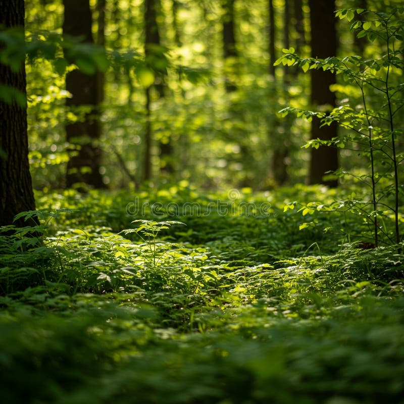 Sunlit Forest Scene with Lush Green Undergrowth, Featuring Young ...