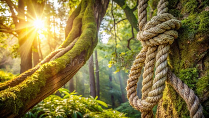 Sunlit Forest Scene with Moss-covered Trees and a Nautical Rope ...