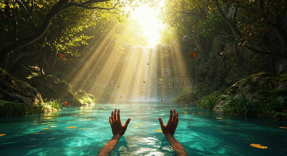 Sunlit Forest Scene with a Serene Waterfall Cascading into a Clear ...