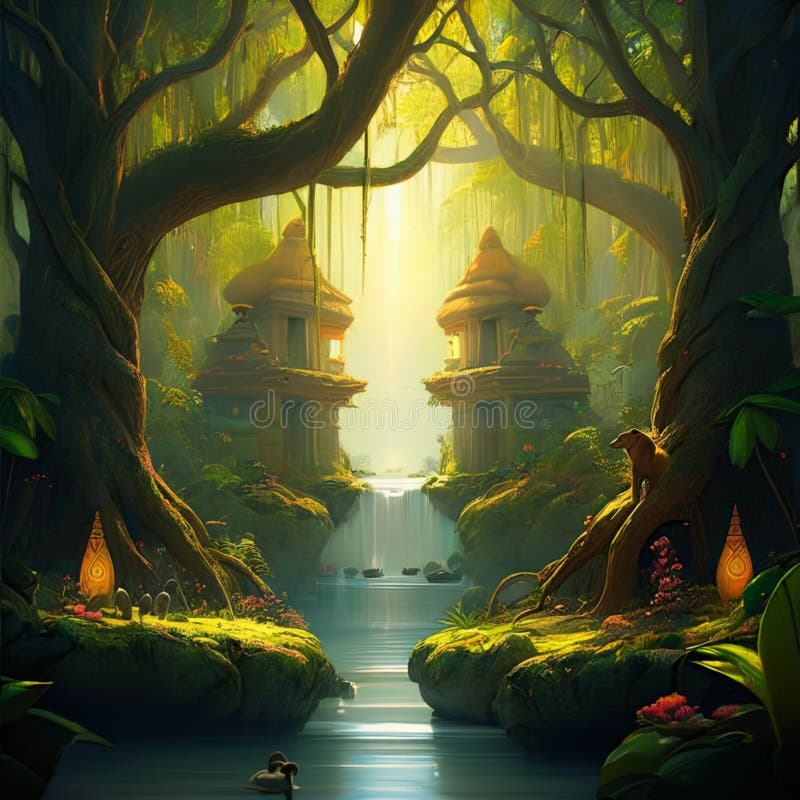 Sunlit Forest Scene with Two Whimsical, Hut-like Structures Featuring ...